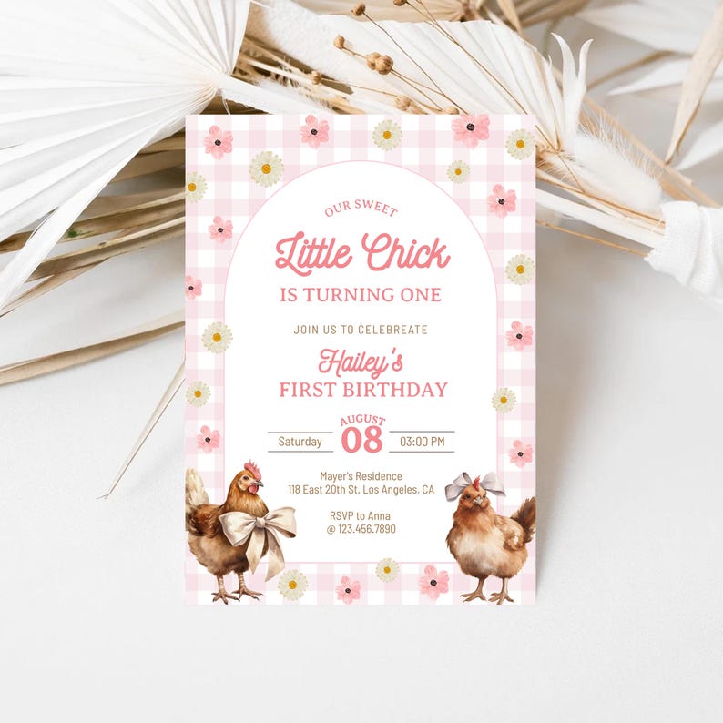 Editable Chicken Birthday Invitation Farm Animal Theme Pink Daisy ...