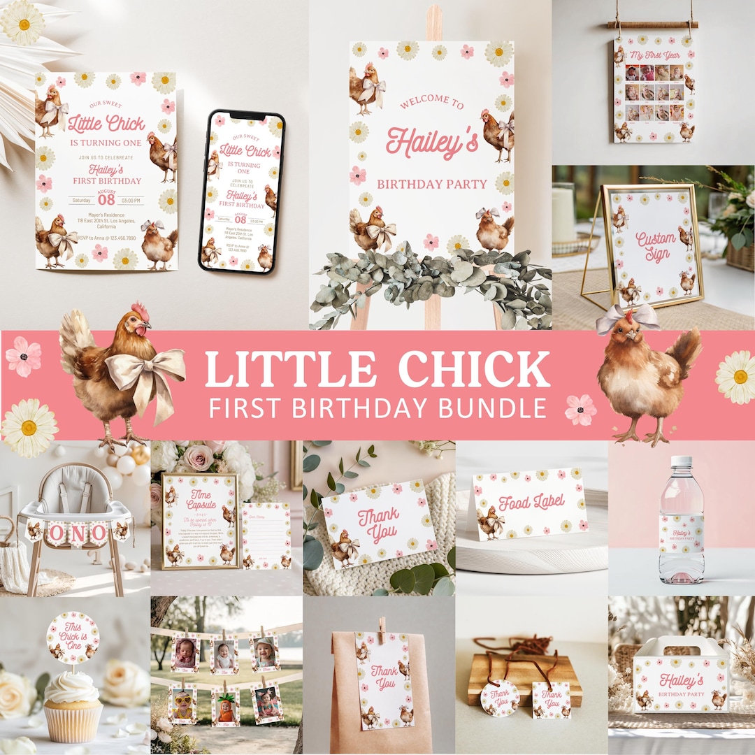 Editable Chicken Birthday Bundle, First Chicken Floral Birthday Theme ...