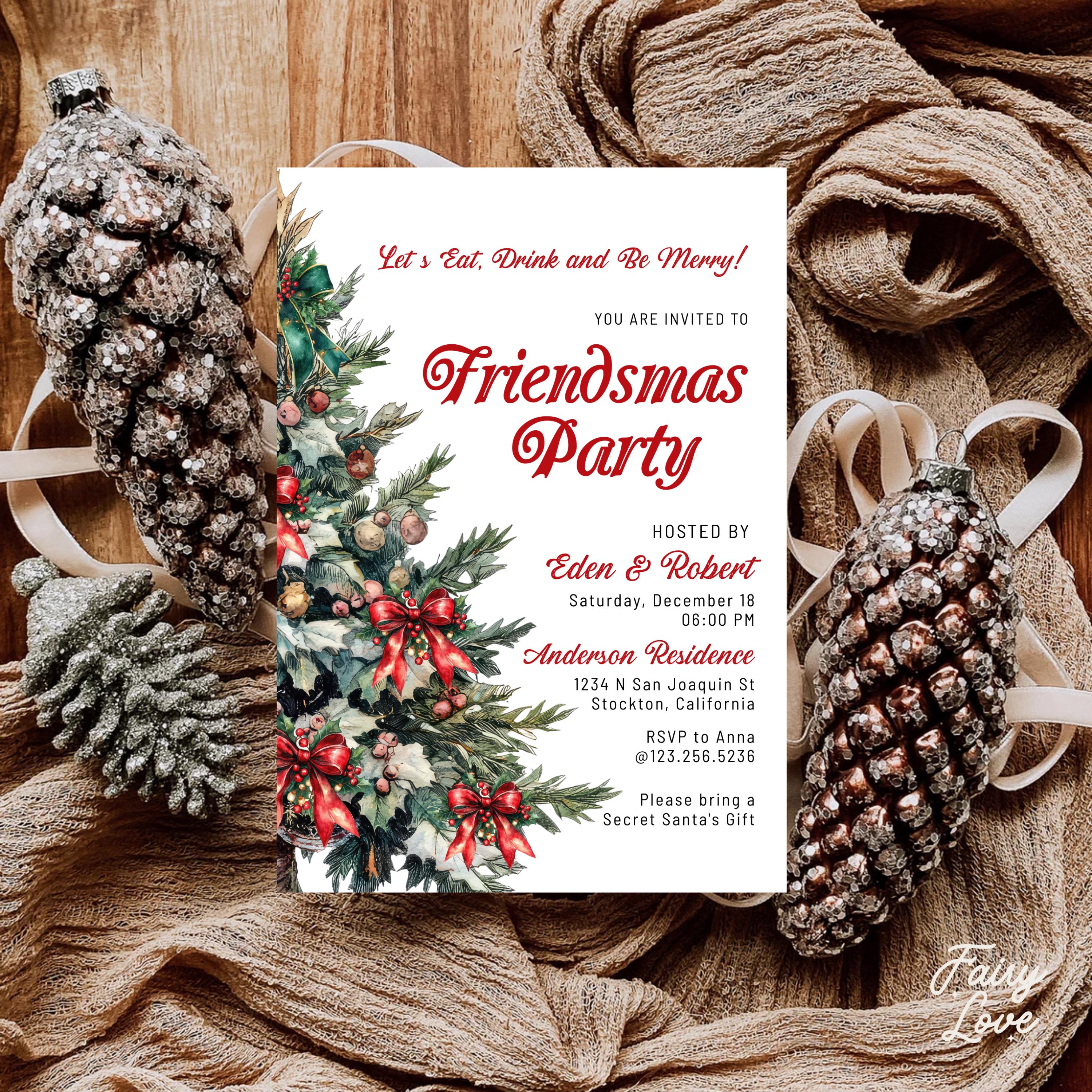 Editable Friendmas Party Invitation Template, Christmas Bow Invitation ...