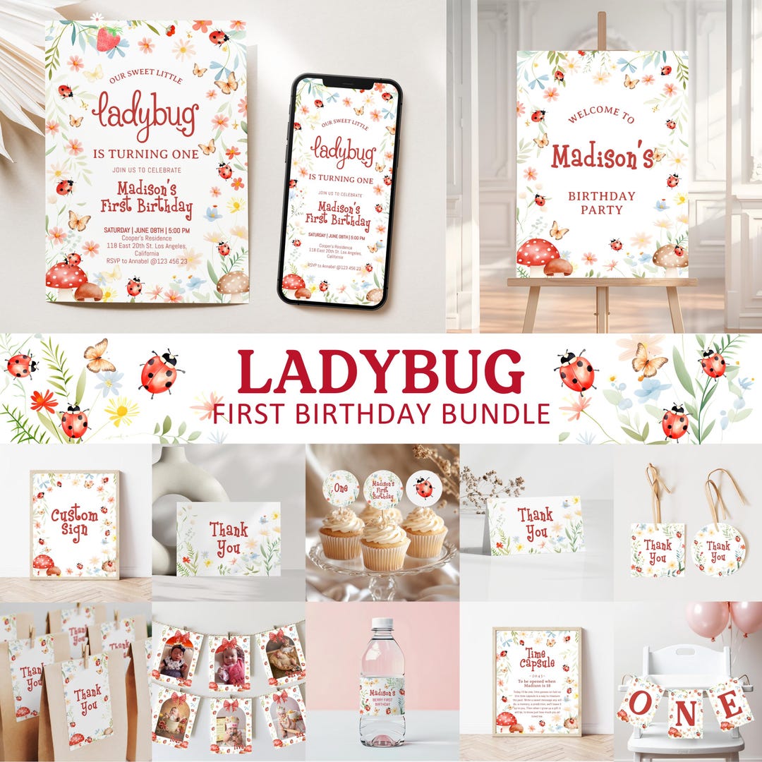Lady Bug Birthday Invitation Bundle, Love Bug Birthday Bundle, Mushroom ...