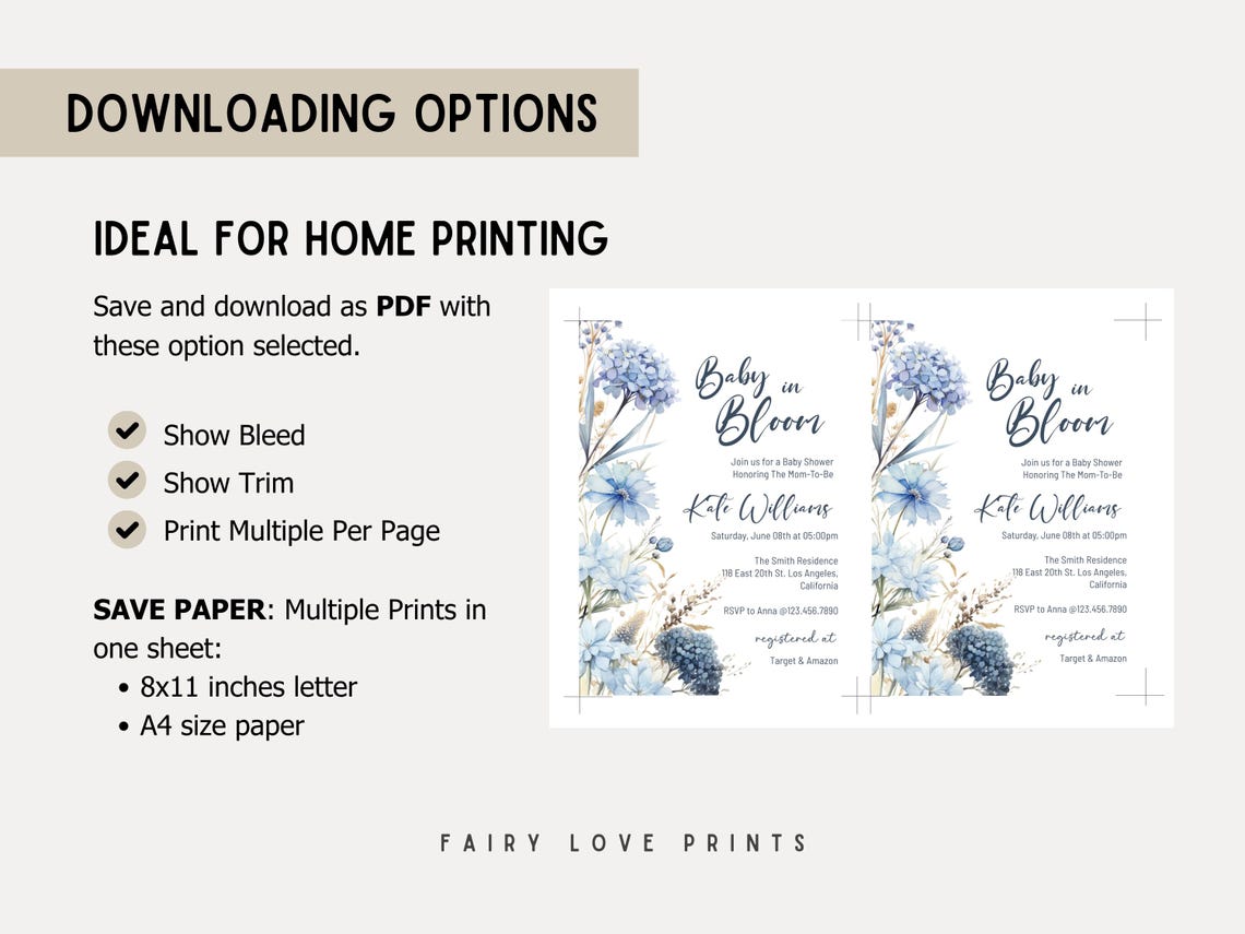 Editable Dusty Blue Baby Shower Invitation Set, Blue Flower Baby Shower ...