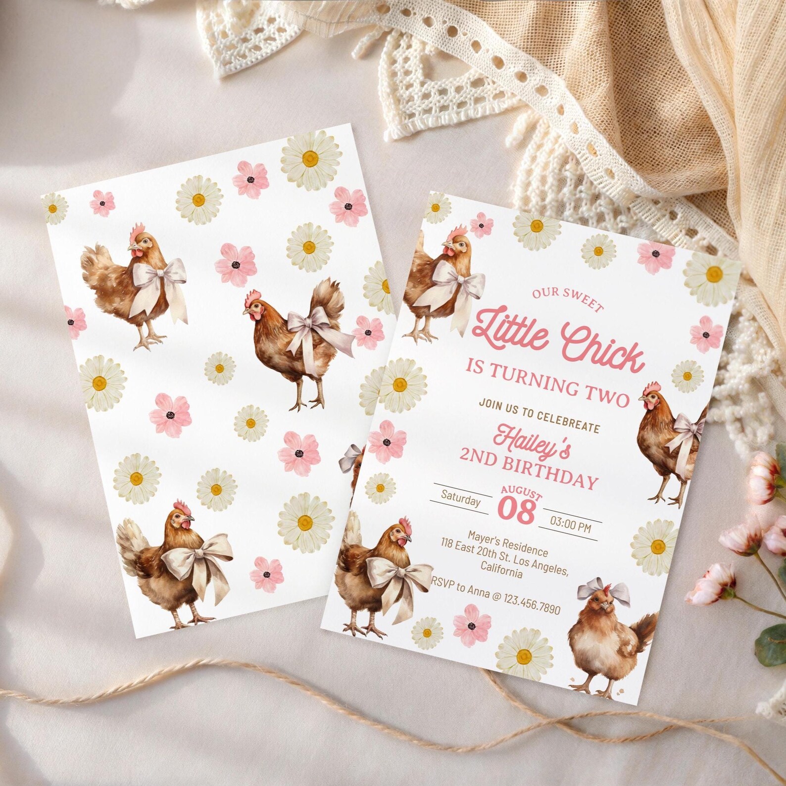 Editable Chicken Birthday Invitation, Two Cute Chick Pink Farm Animal ...