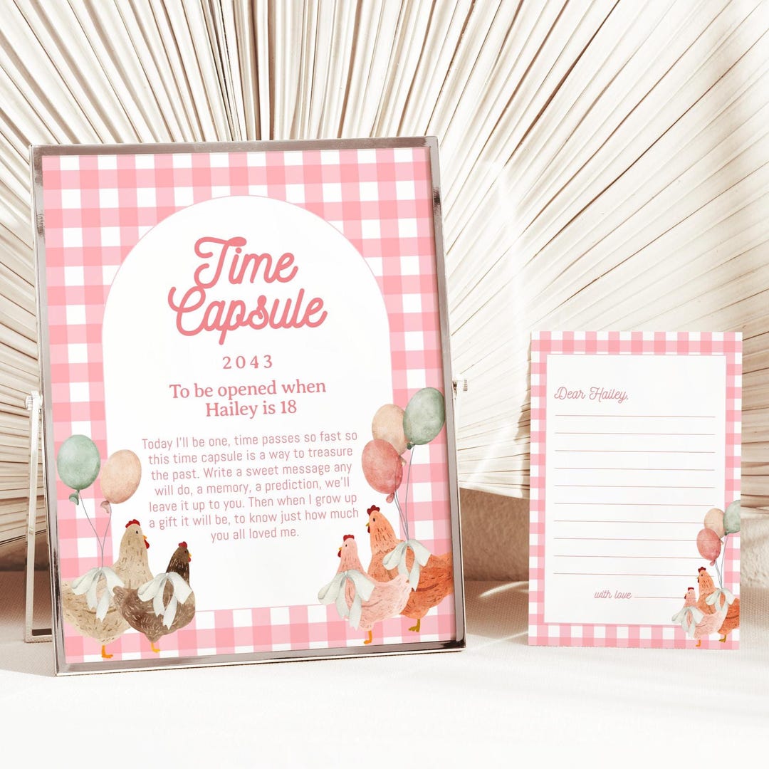 Editable Chicken Birthday Time Capsule Sign, Pink Gingham 1st Birthday ...