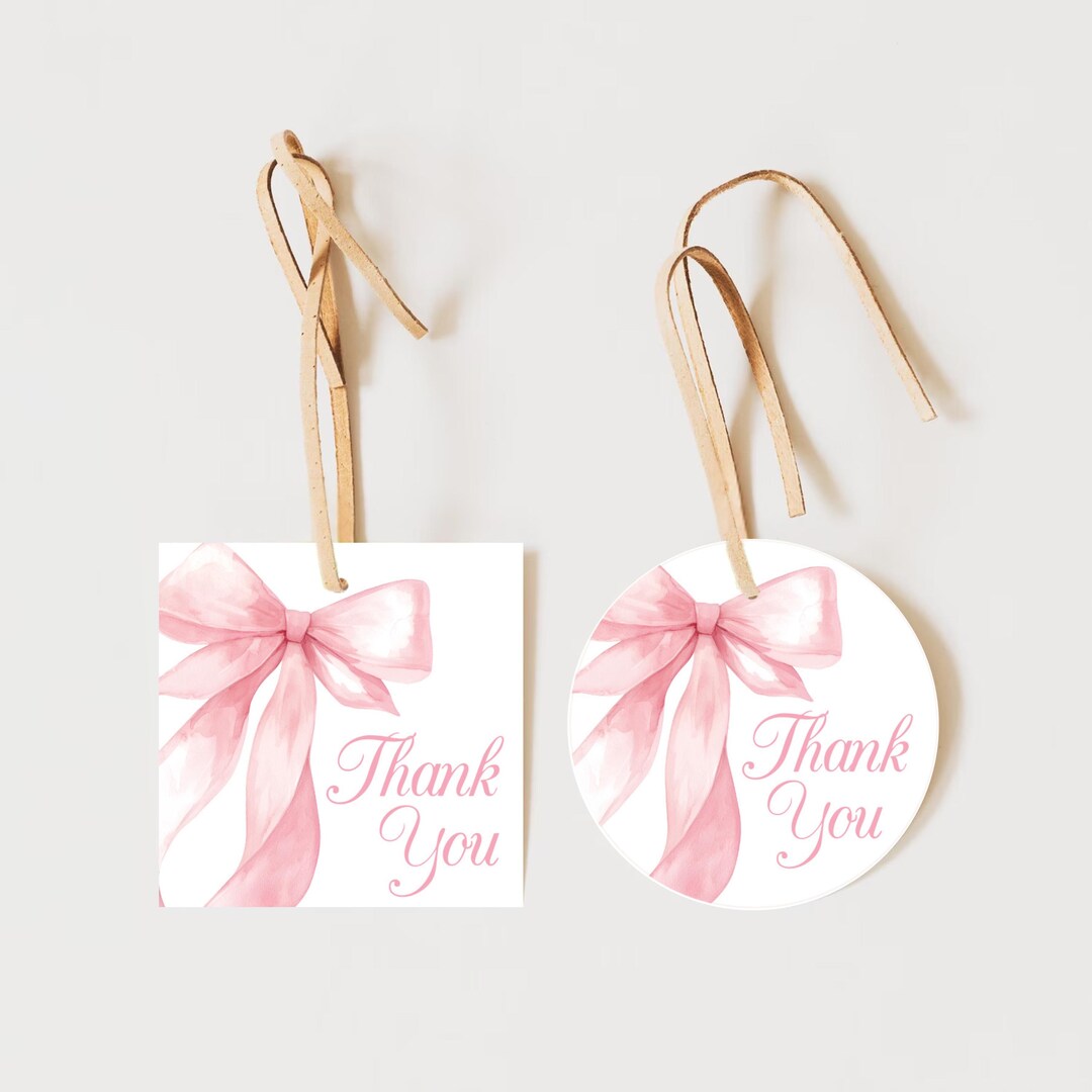 Editable Pink Bow Favor Tag, Round Thank You Tag, Square Favor Tag ...