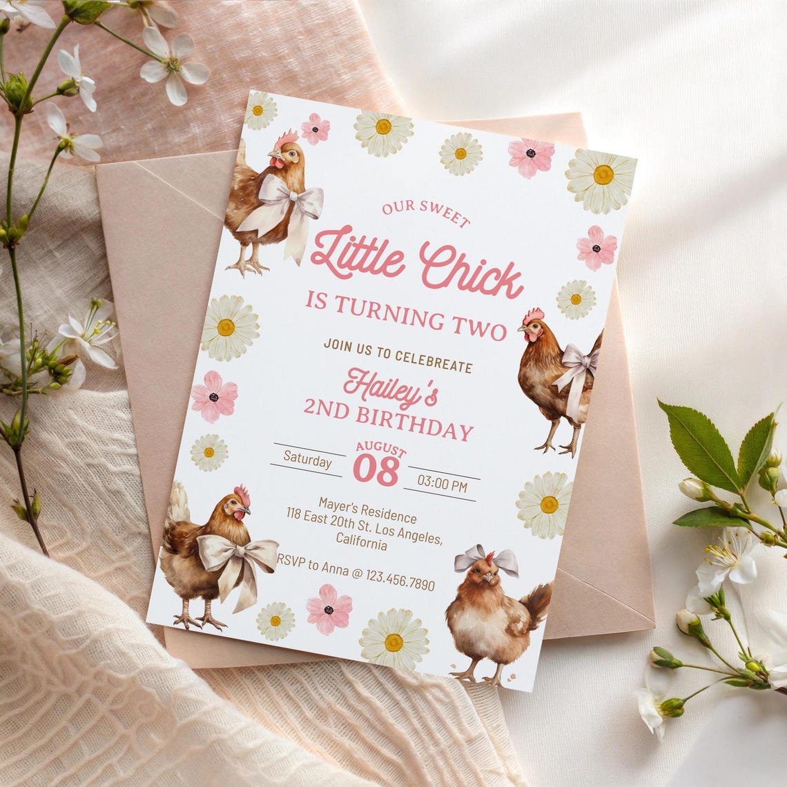 Editable Chicken Birthday Invitation, Two Cute Chick Pink Farm Animal ...