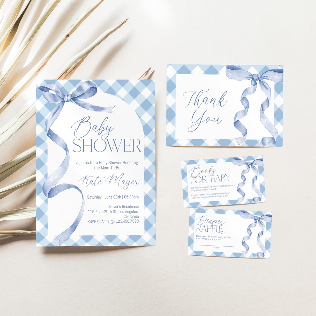 Blue Bow Baby Shower Invitation, Boy Baby Shower Invite, Pastel Blue ...