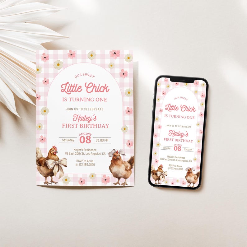 Editable Chicken Birthday Invitation Farm Animal Theme Pink Daisy ...