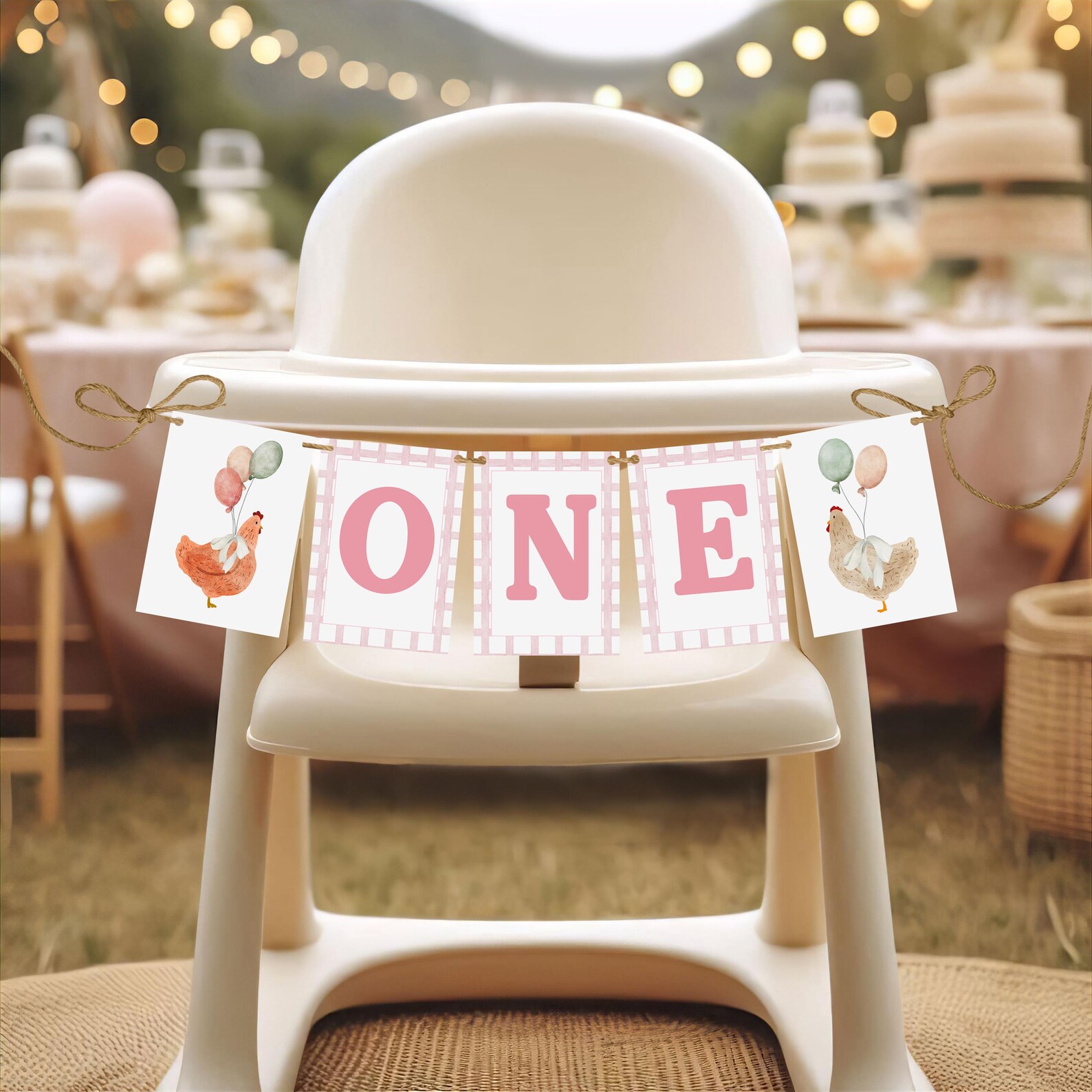 High Chair Chicken Birthday Banner, Printable Pink One Cute Chick ...