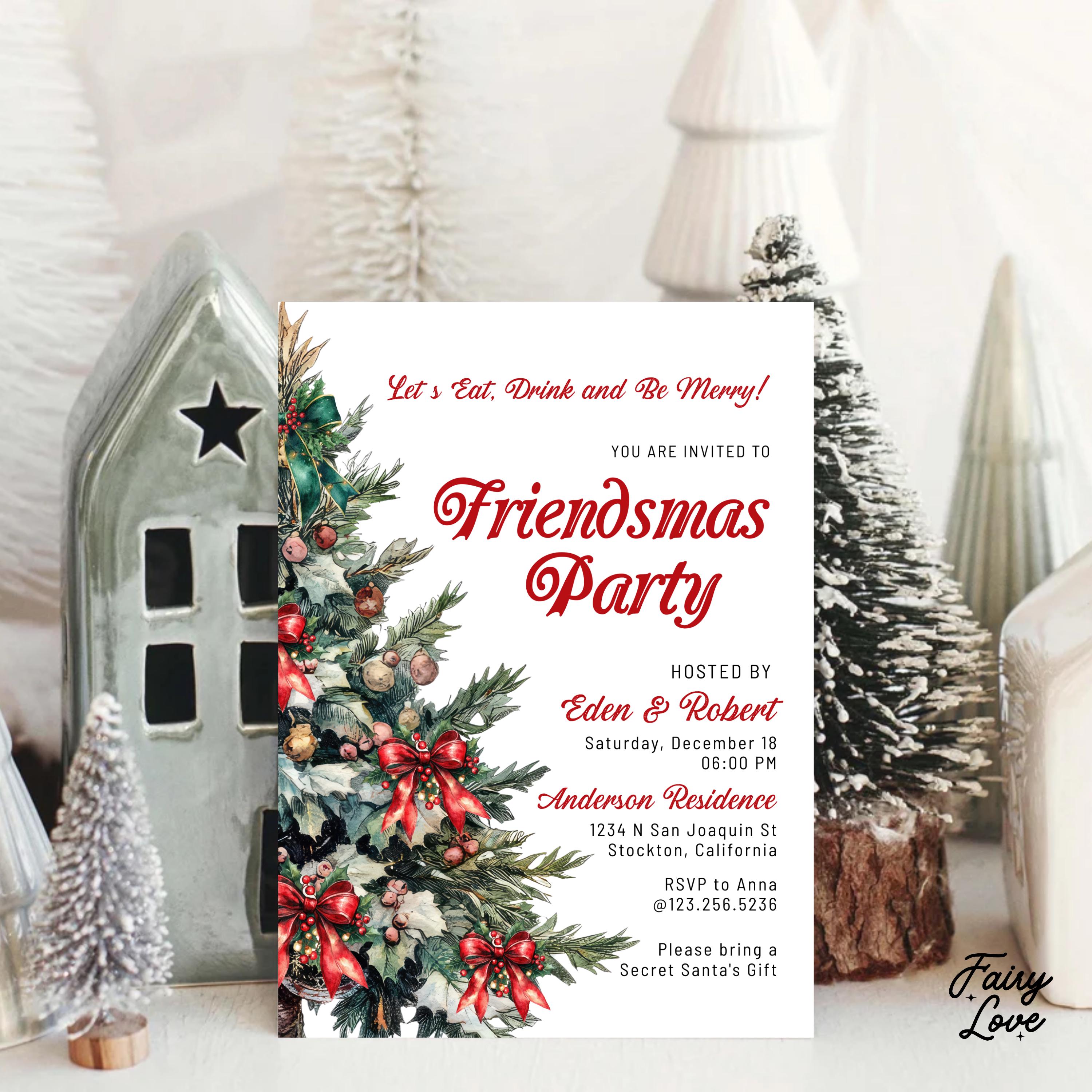 Editable Friendmas Party Invitation Template, Christmas Bow Invitation ...
