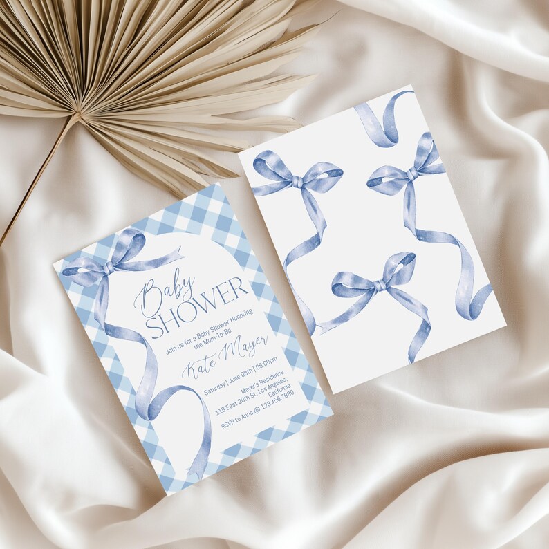 Editable Blue Bow Baby Shower Invitation, Bow Baby Shower Invite ...