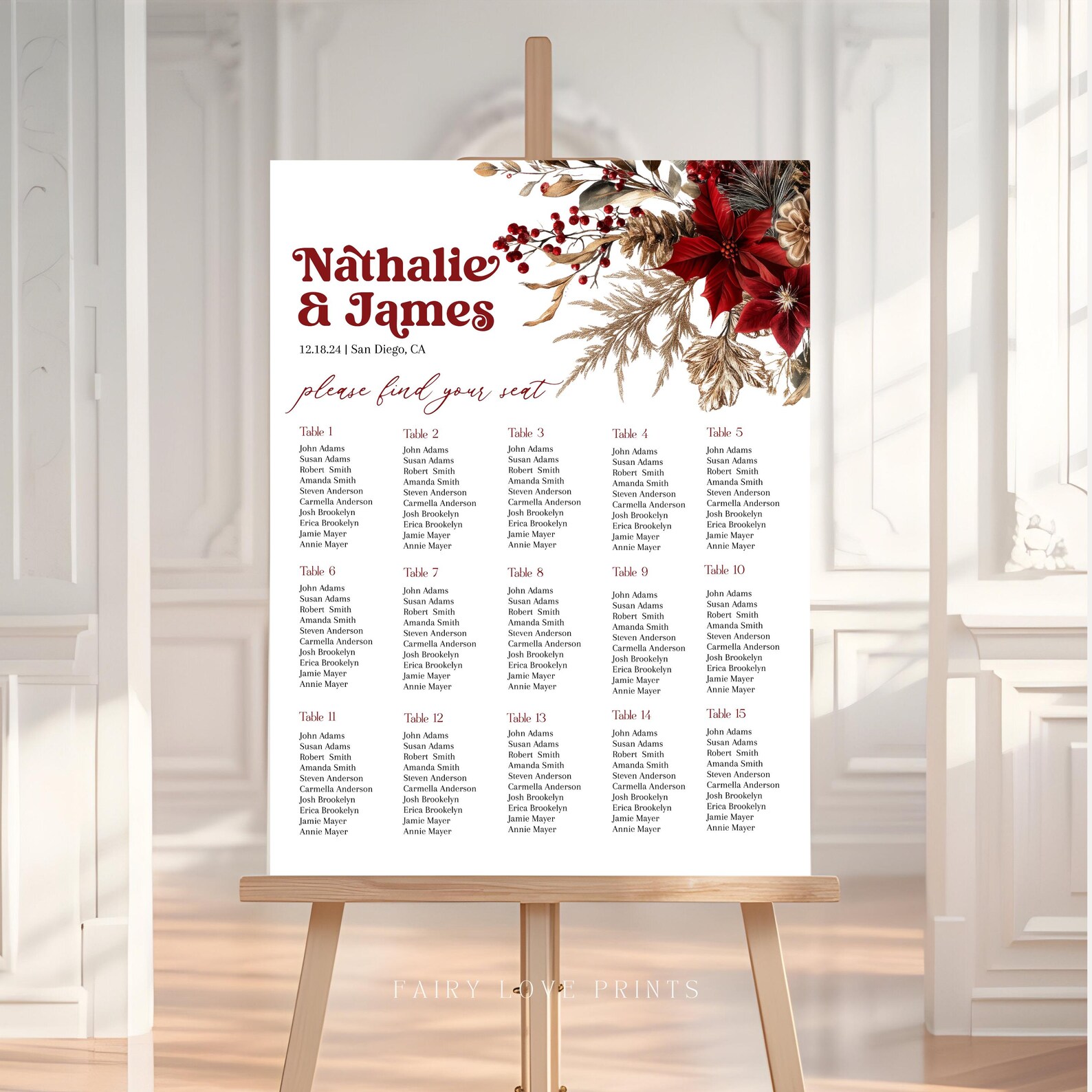 Editable Christmas Seating Chart Poster, Holiday Wedding Seating Chart ...