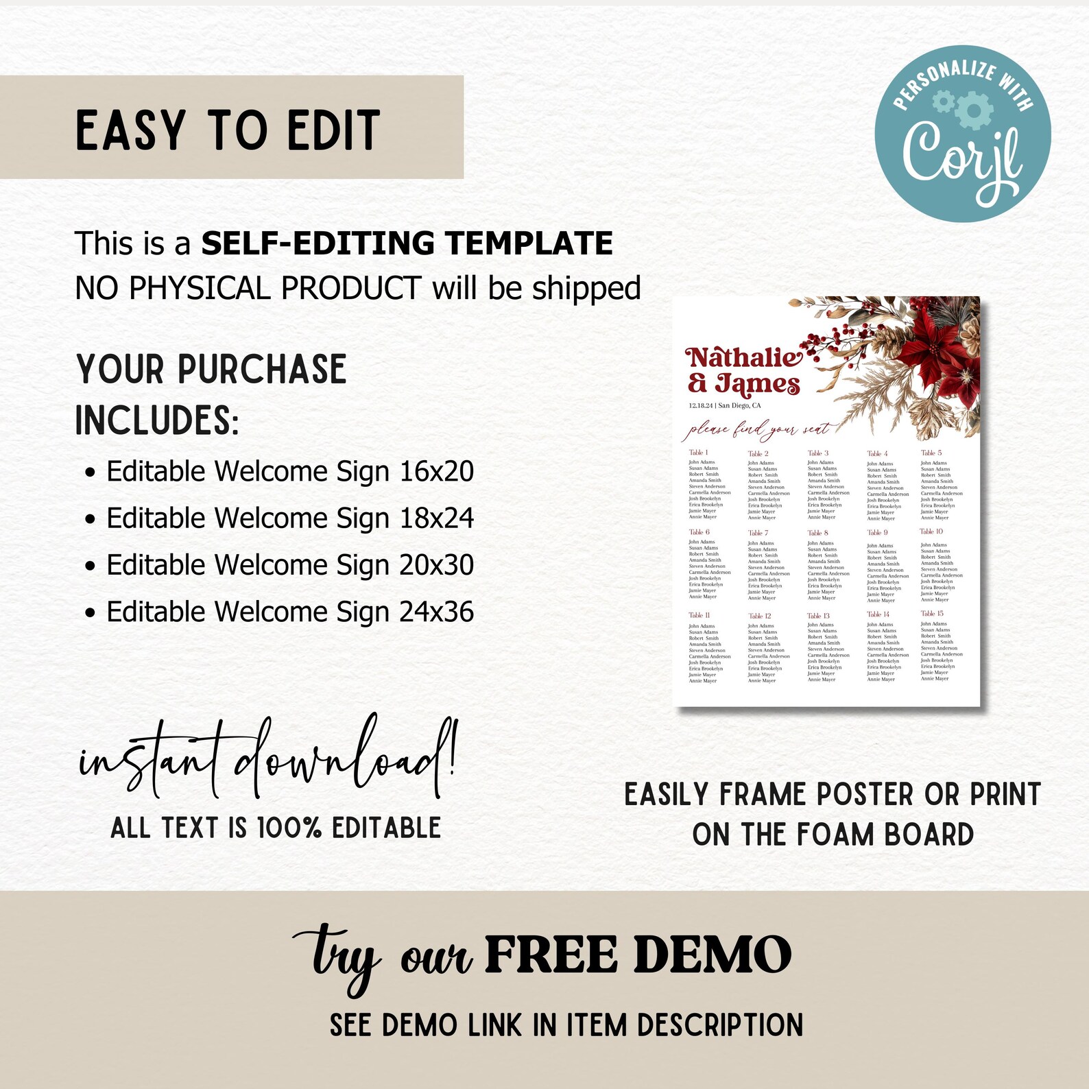 Editable Christmas Seating Chart Poster, Holiday Wedding Seating Chart ...