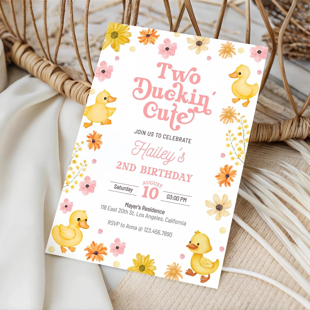 Editable Yellow Duck Birthday Invitation, Two Duckin Cute Yellow Duck ...