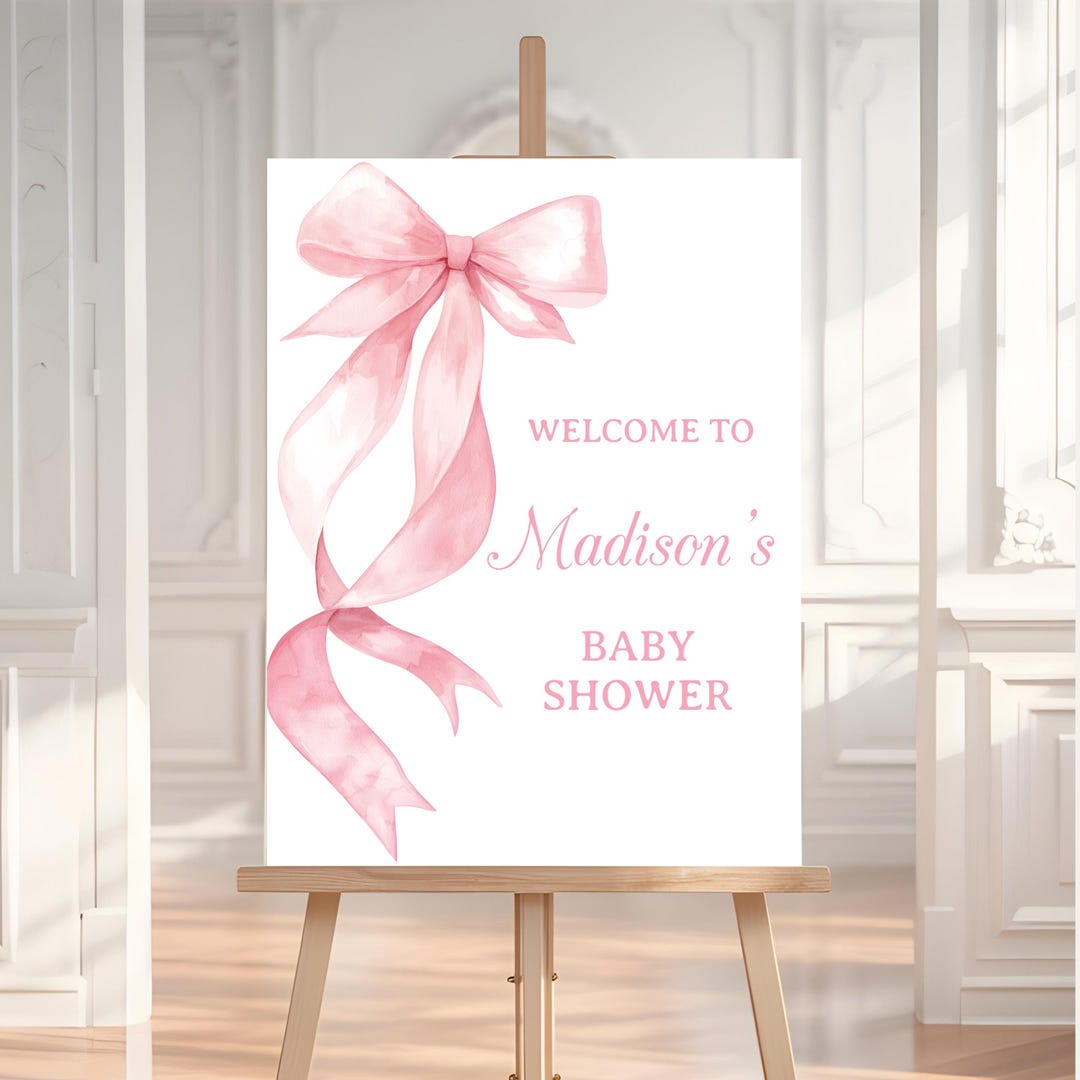 Editable Pink Bow Baby Shower Welcome Sign, Pink Bow Baby Shower ...