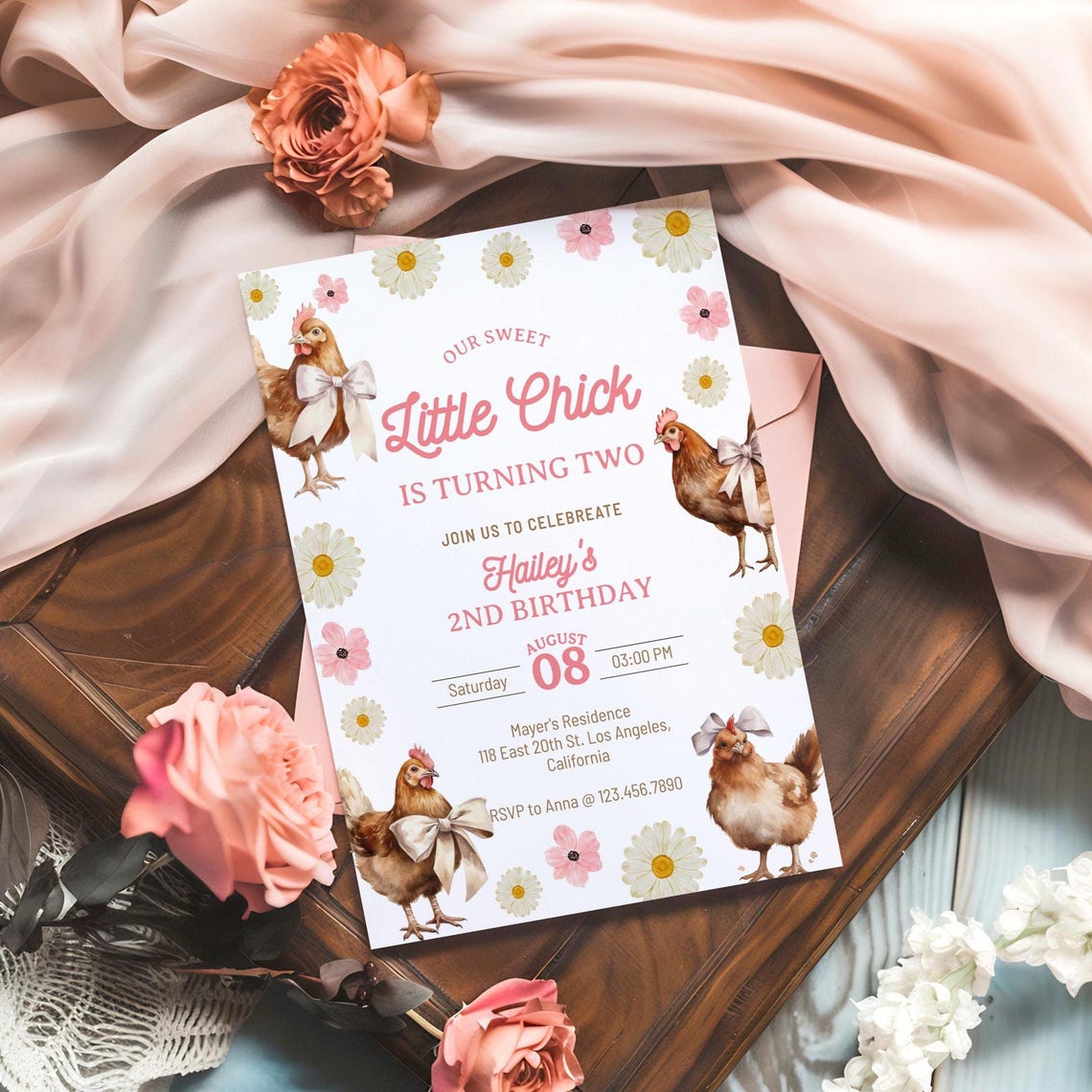 Editable Chicken Birthday Invitation, Two Cute Chick Pink Farm Animal ...