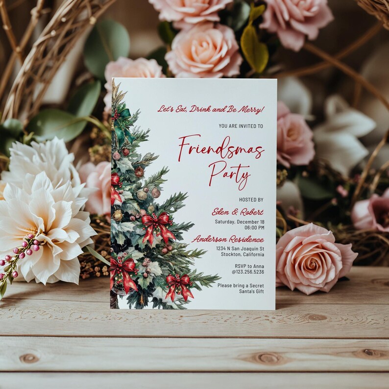 Editable Friendmas Party Invitation, Christmas Tree Holiday Invite ...