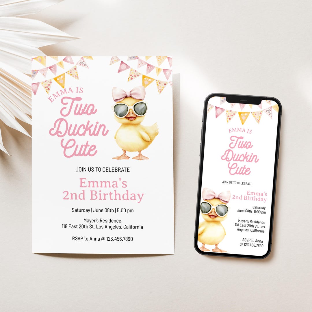 Editable Yellow Duck Birthday Invitation, Two Duckin Cute Yellow Duck ...