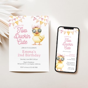 Editable Yellow Duck Birthday Invitation, Two Duckin Cute Yellow Duck ...