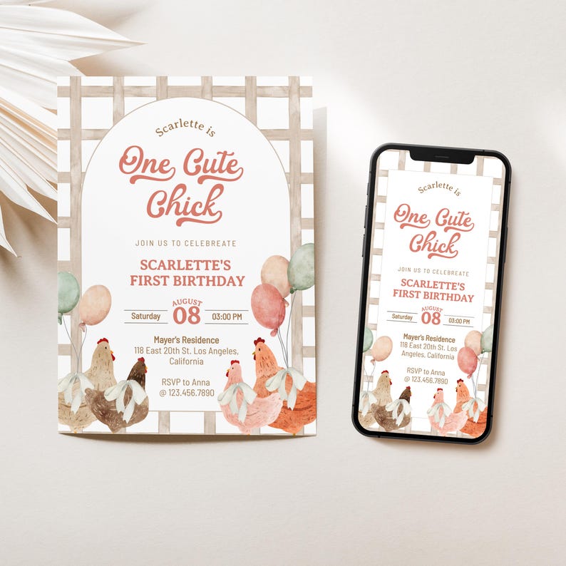 Chicken First Birthday Party Invitation, Editable One Cute Chick ...