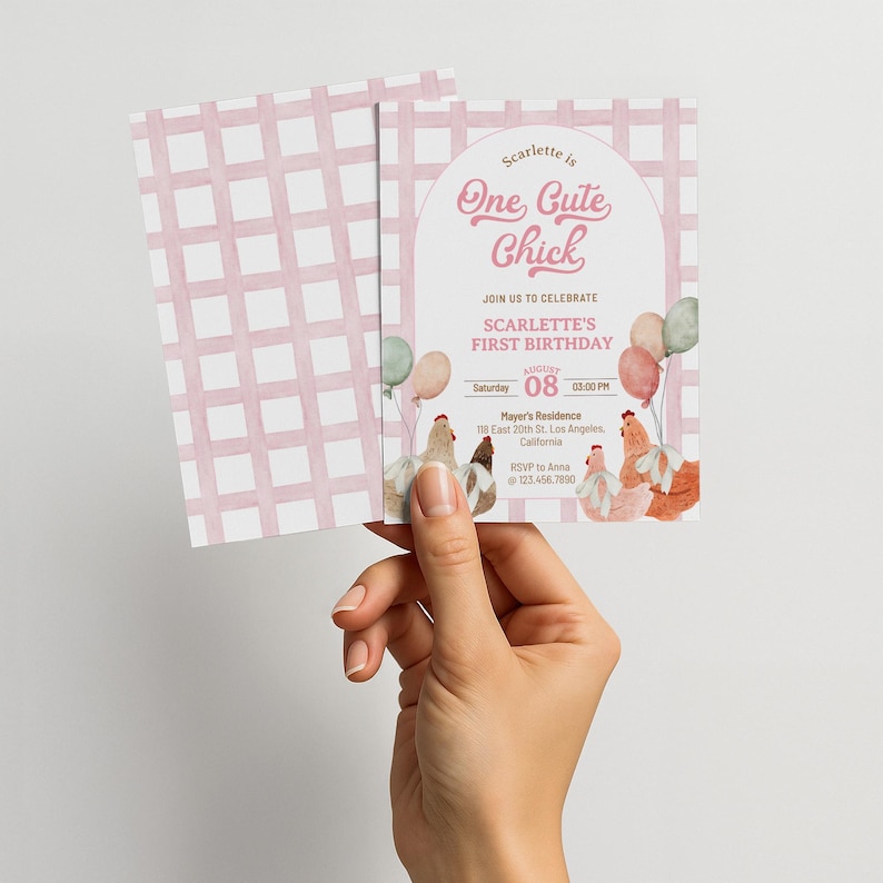 Chicken First Birthday Invitation, Editable Pink One Cute Chick ...