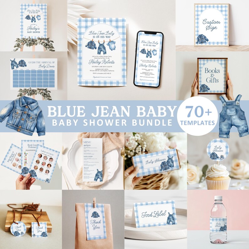 Blue Jean Baby Shower Bundle, Editable Baby Shower Set for Boy, Denim ...