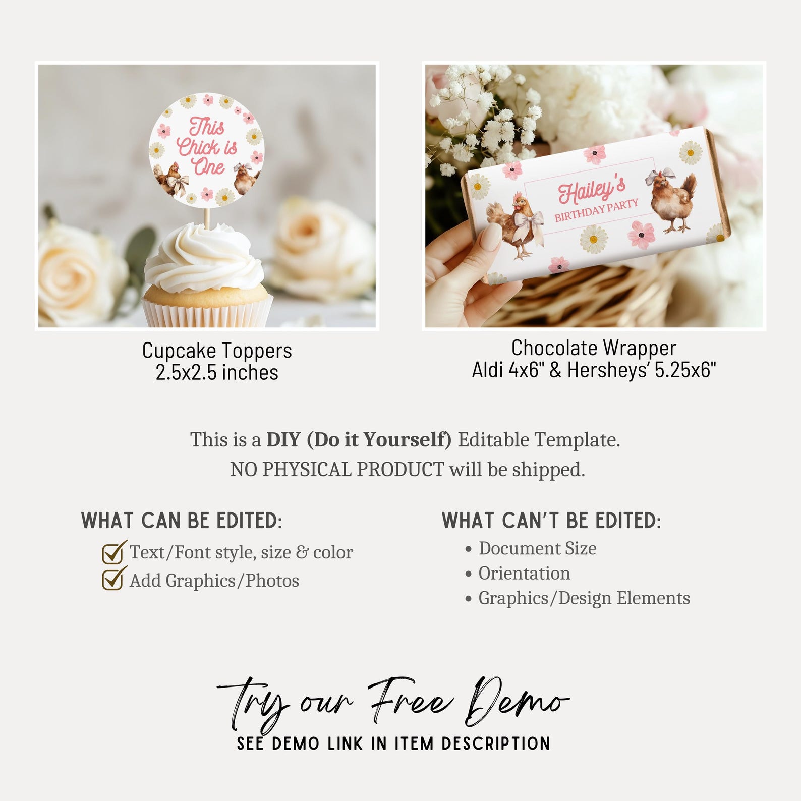 Editable Chicken Birthday Bundle, First Chicken Floral Birthday Theme ...