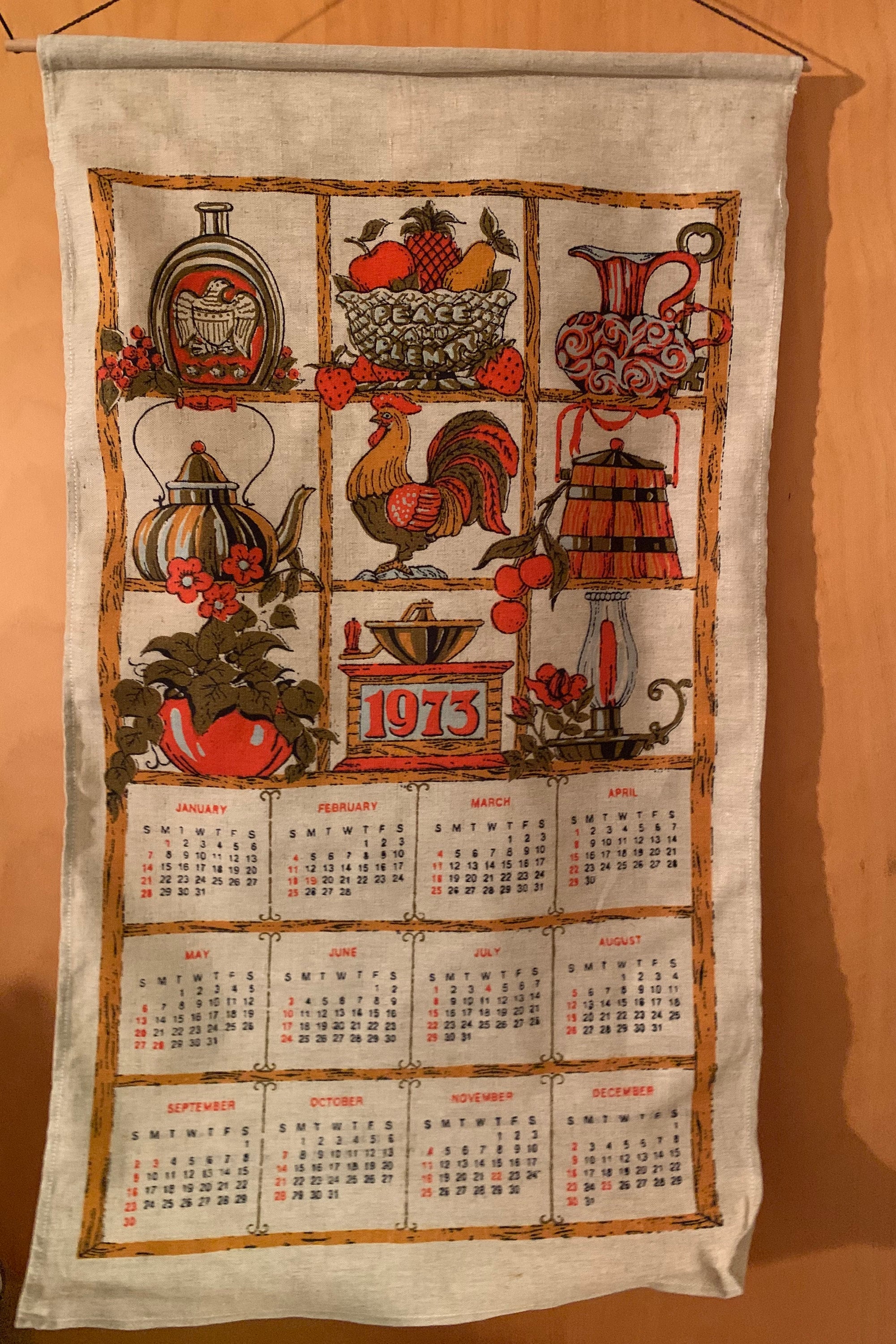 Vintage Kitchen Tea Towels Calendar- Hanging - 1971 1972 1973 1974 1975 ...