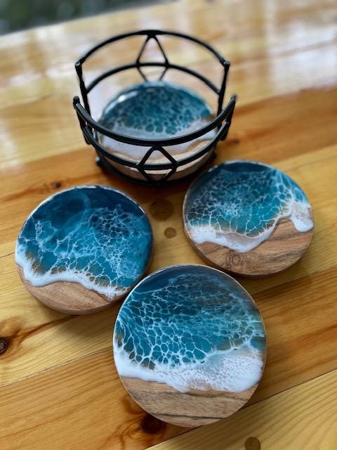 Ocean Coaster Set Ocean Resin EBGB Beach Coastal Decor Tiki Bar Hostess ...