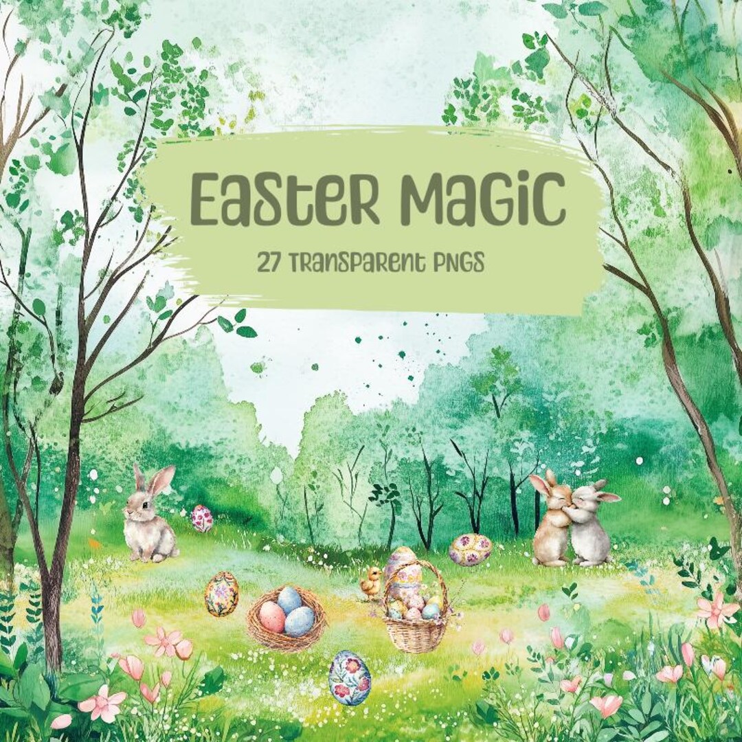 Watercolor Easter Clipart, Easter Basket, Easter Bunny, Easter Eggs ...