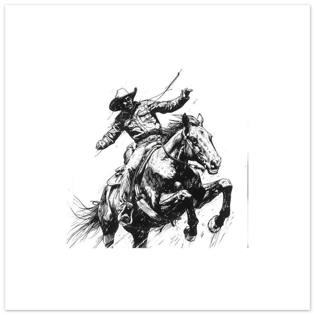 Western Cowboy Sketch Vintage Wall Art Mid Century Decor Cowboy ...