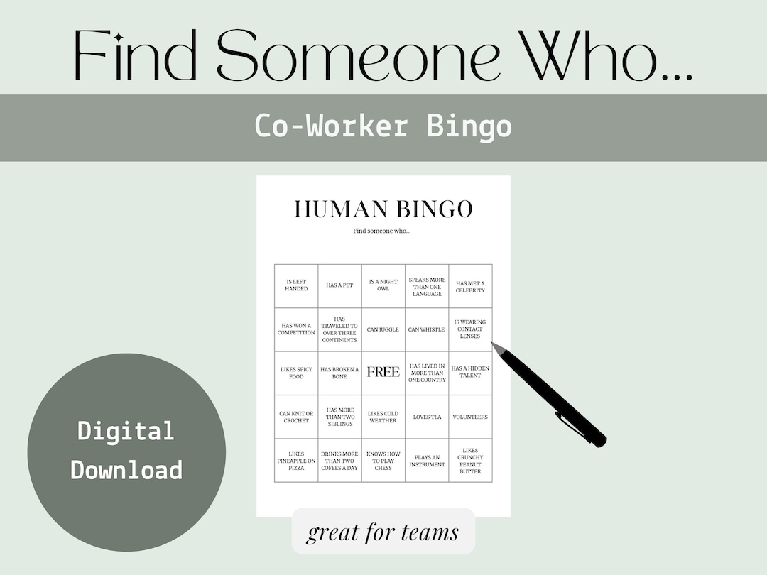 Office Bingo, Find Someone Who, Human Bingo for a Work Party, Get to ...