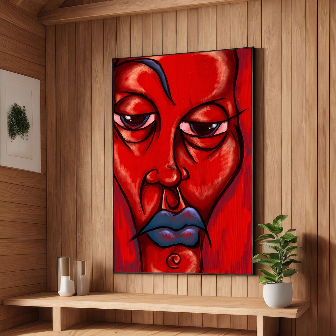 Red Expressionism Portrait, Blue Lips Art, Abstract Face Canvas, Ready ...