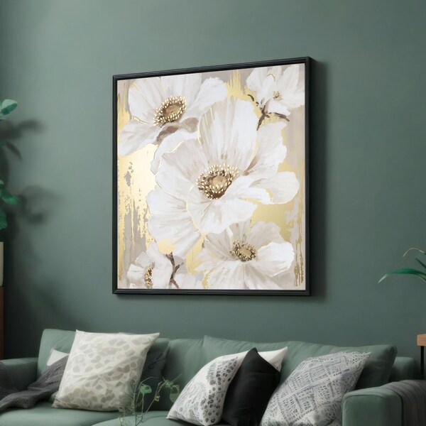 Monochrome Gold Leaf Botanical Canvas, Modern Tropical Wall Art, Ready ...