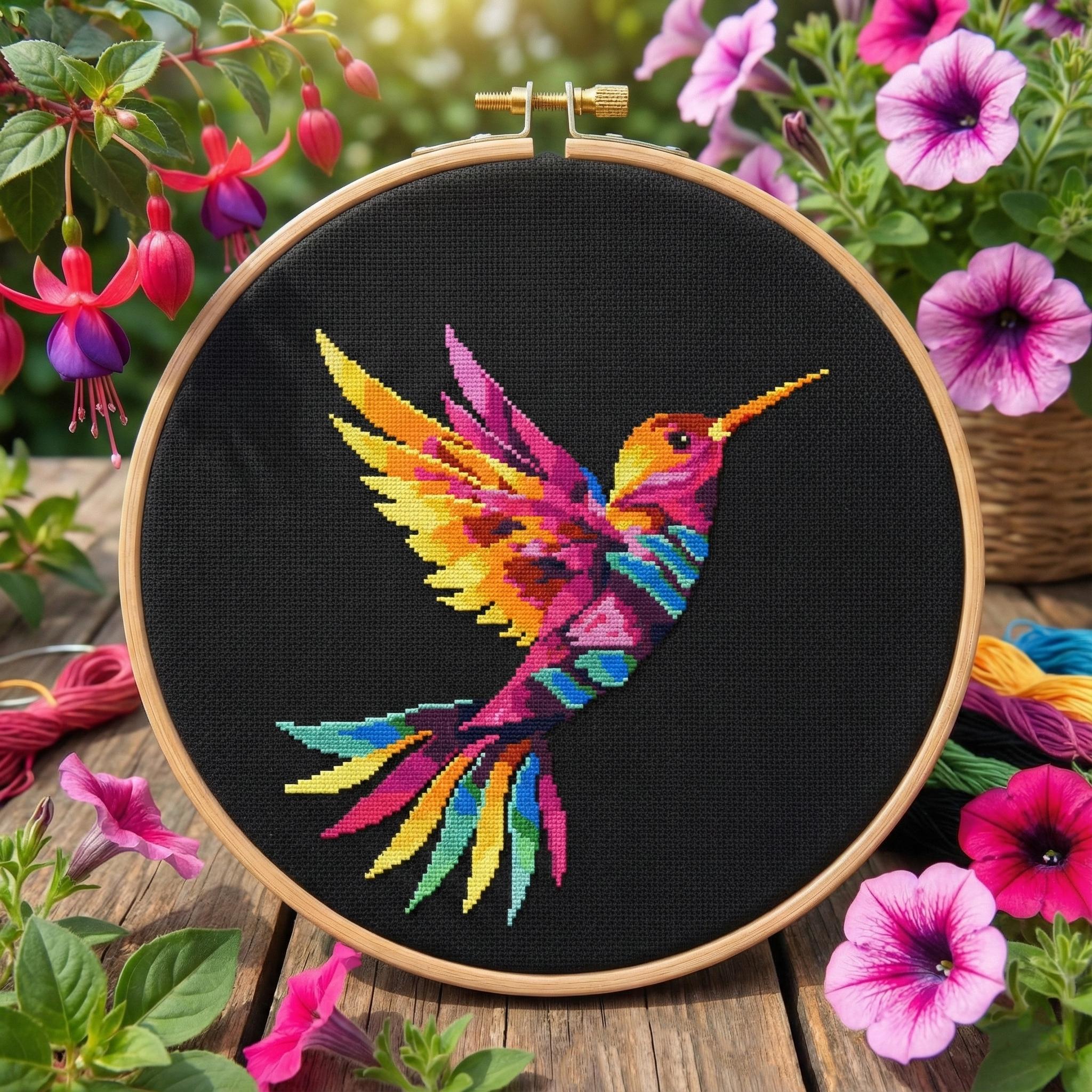 Colorful Hummingbird Cross Stitch Patterncolibri for Black Background ...