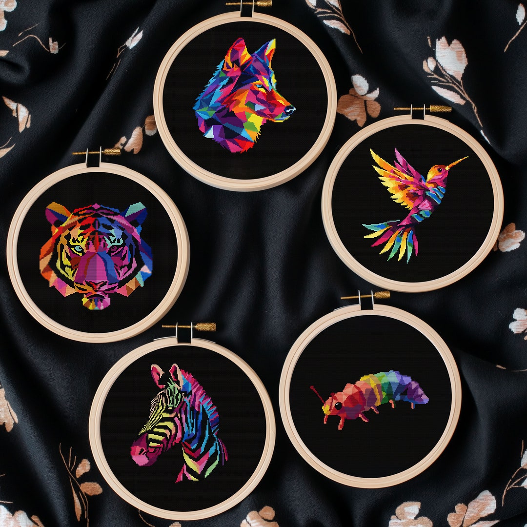 Colorful Wildlife Cross Stitch Pattern Bundle: Black Aida Animal ...