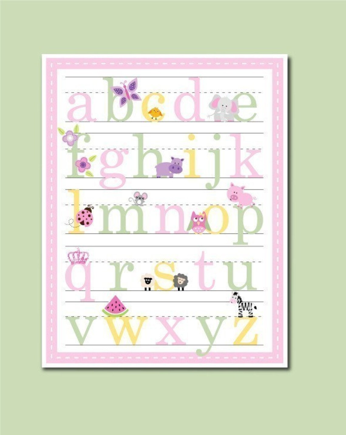 11x14 Alphabet Poster for Girls pink Sage Yellow or Brown and | Etsy