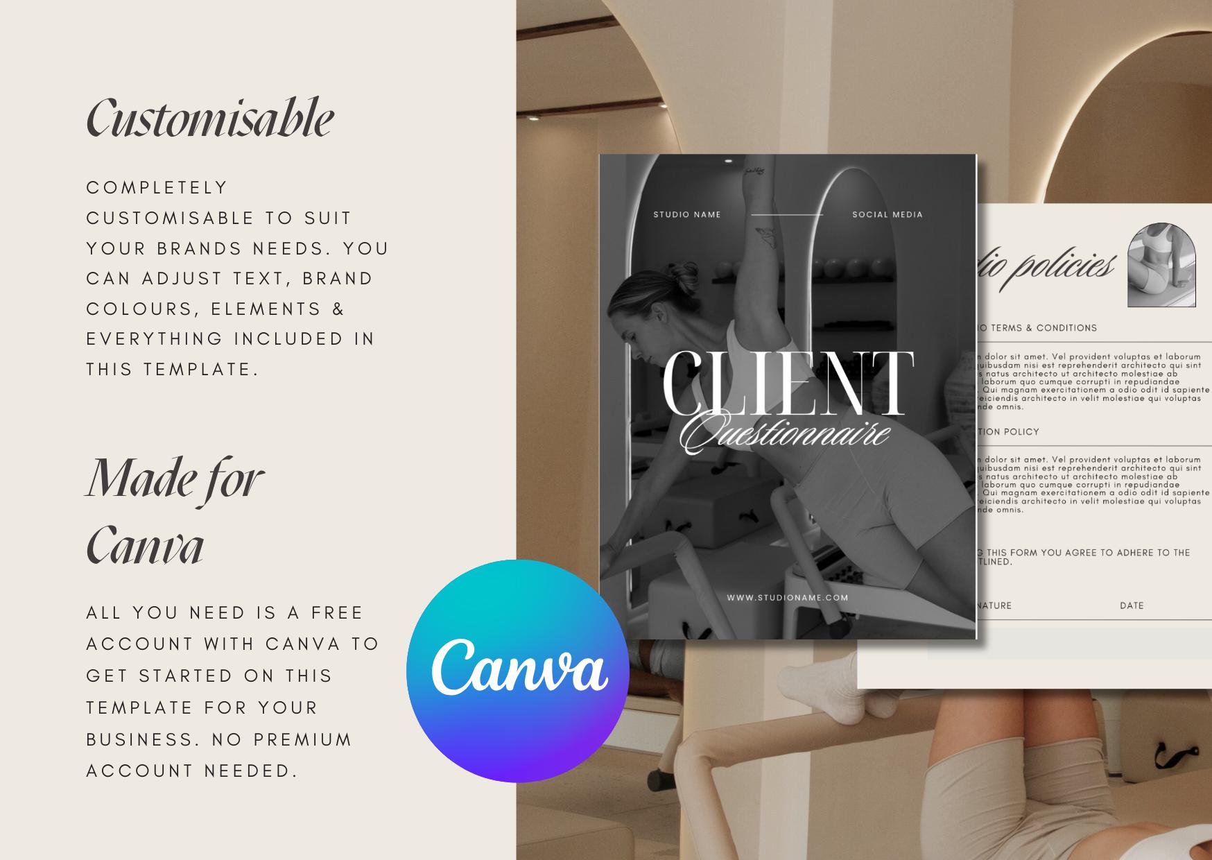 Pilates Studio Starter Kit | Pilates Studio Intake Form Template Canva ...