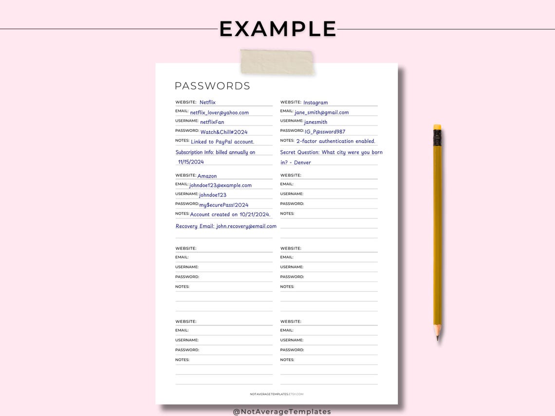Passwords List, Tracker Printable, Password Keeper, Password Organizer ...