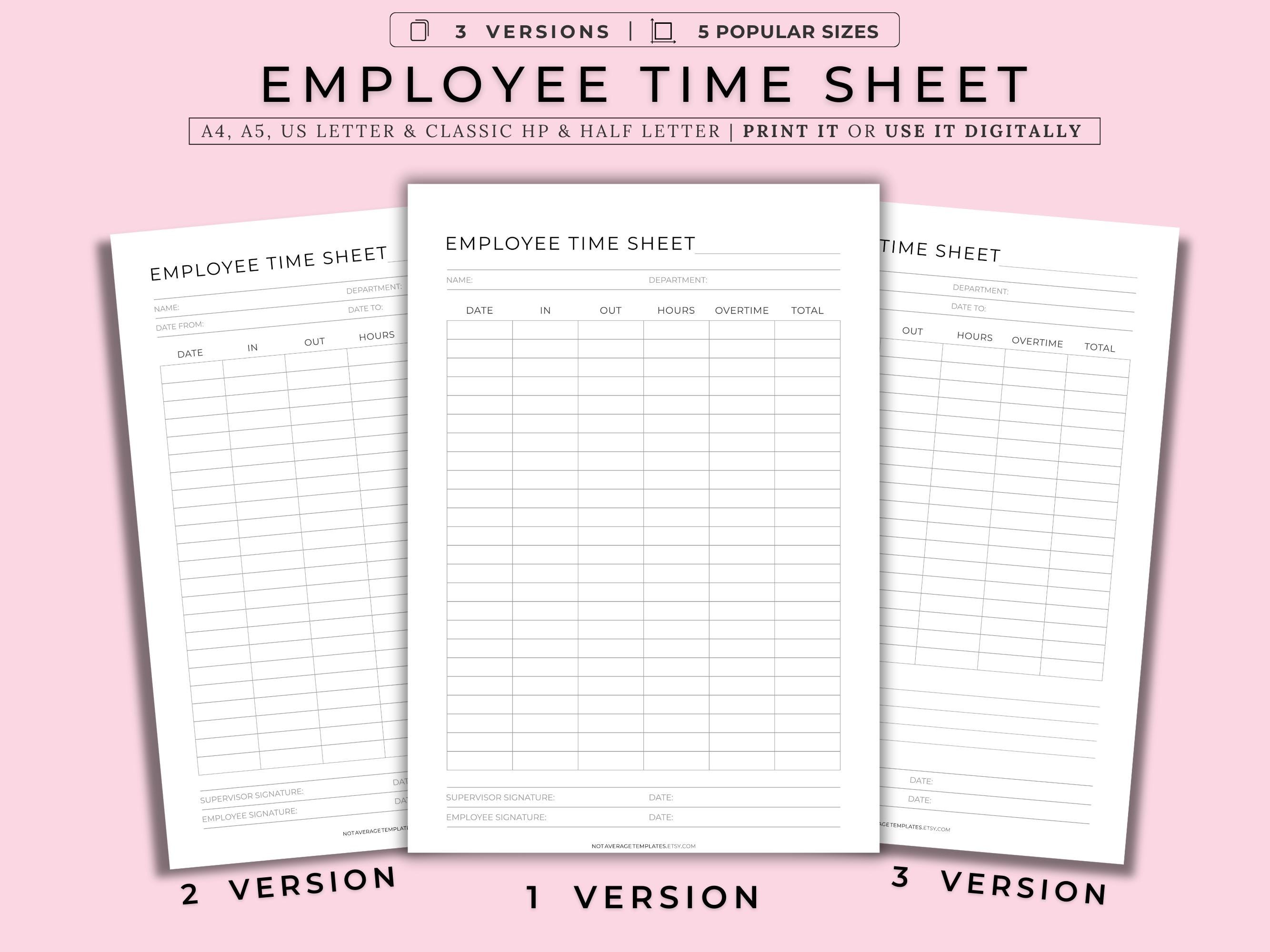 Employee Time Sheet Printable Planner, Business Template, Employee ...