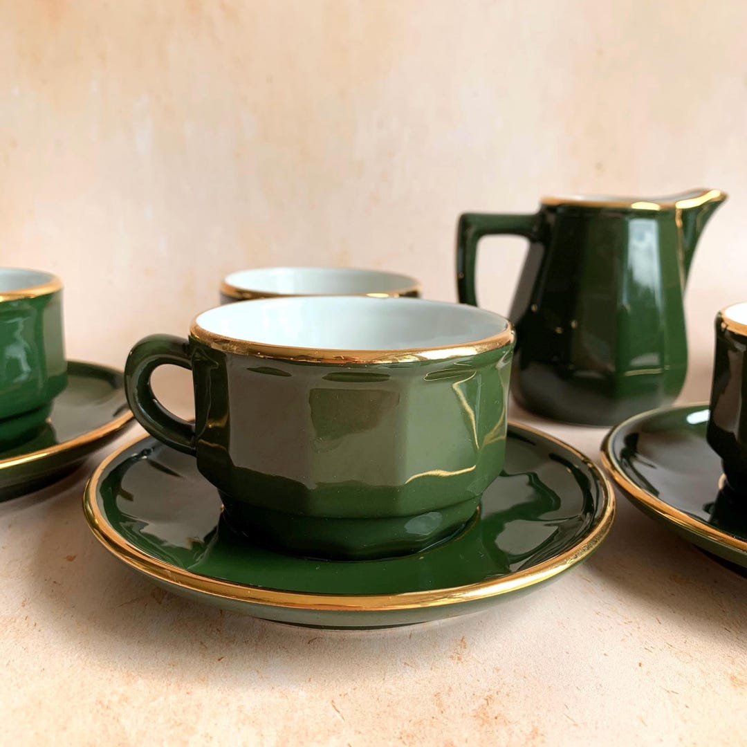 Vintage French Apilco Green and Gold Espresso Cups and Saucers Set ...