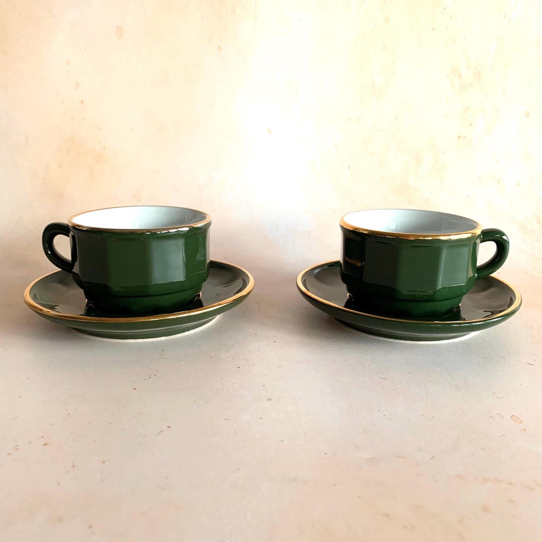 Pair of Vintage Apilco Green & Gold Espresso Cups | Creamer | Sugar ...