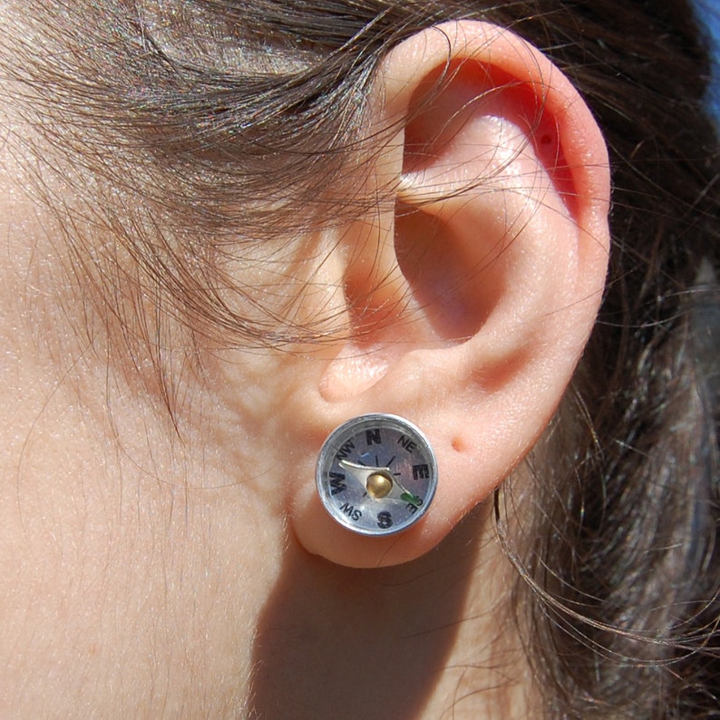 Where Are YOU? - Working Mini Metal Compass Stud Earrings - Etsy