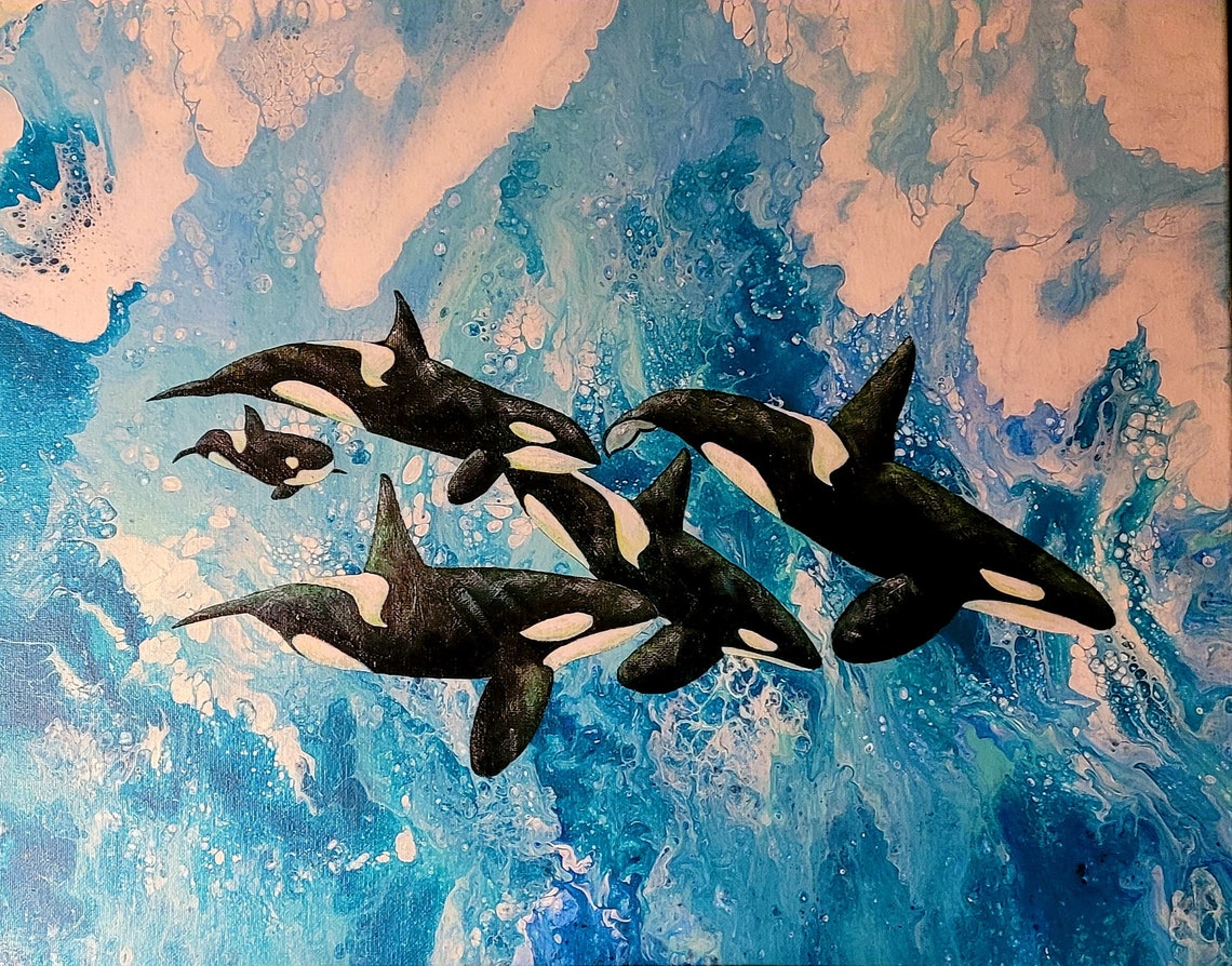 Pod of Orcas: original 16x20 acrylic painting | Etsy
