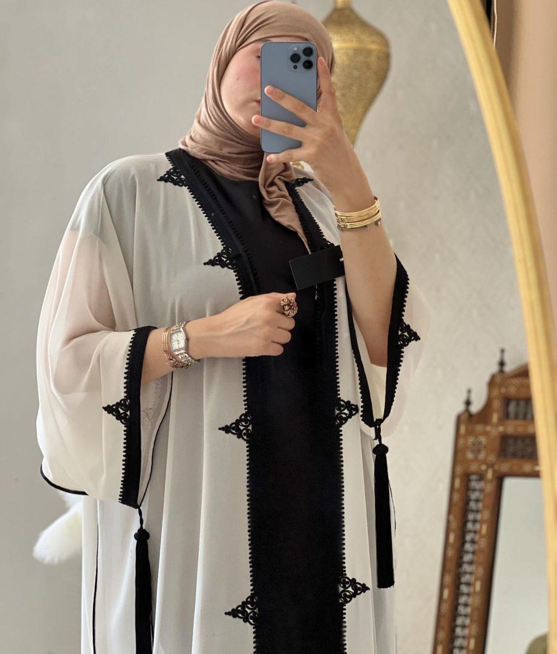 Elegant Moroccan Abaya – Beige With Black Embroidery Modest Fashion Eid ...