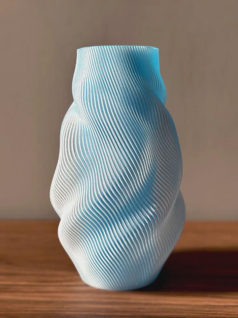 Blue Wave 3d-printed Vase With Water Insert – 18 Cm Coastal Minimalist ...