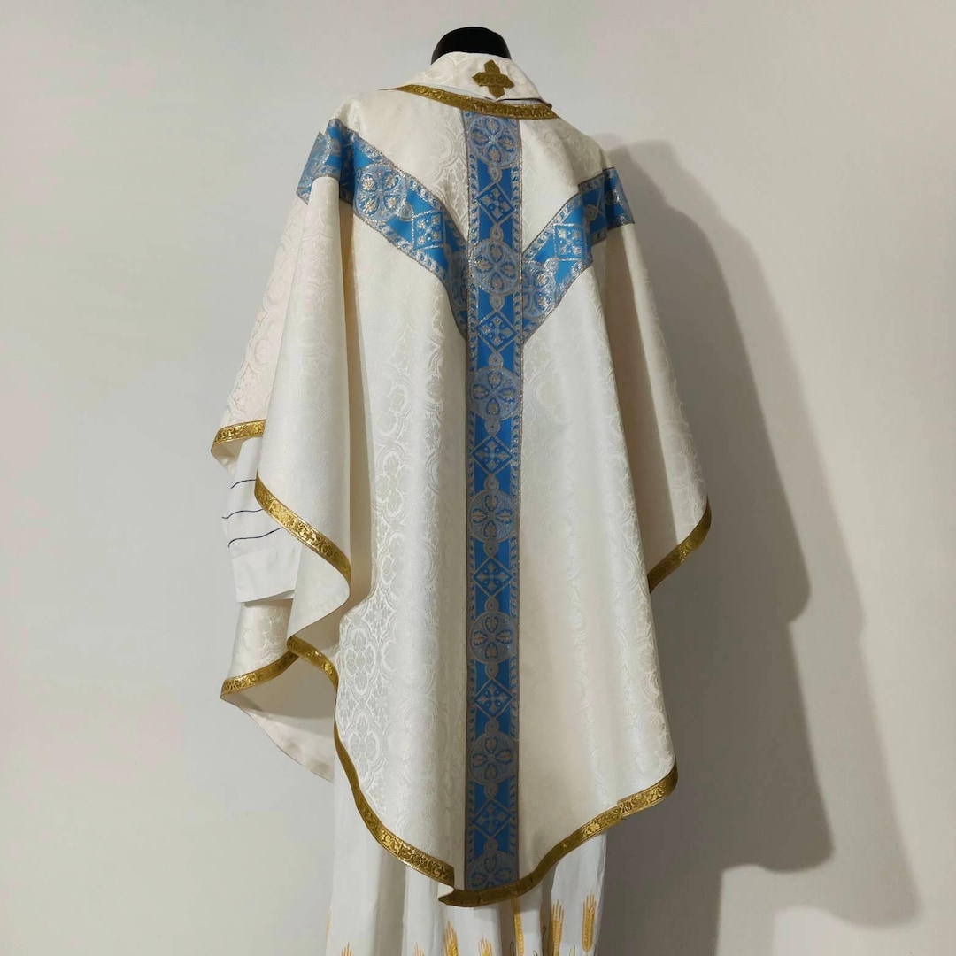 Marian White Gothic Chasuble With Stole - Catholic Vestment With Blue ...