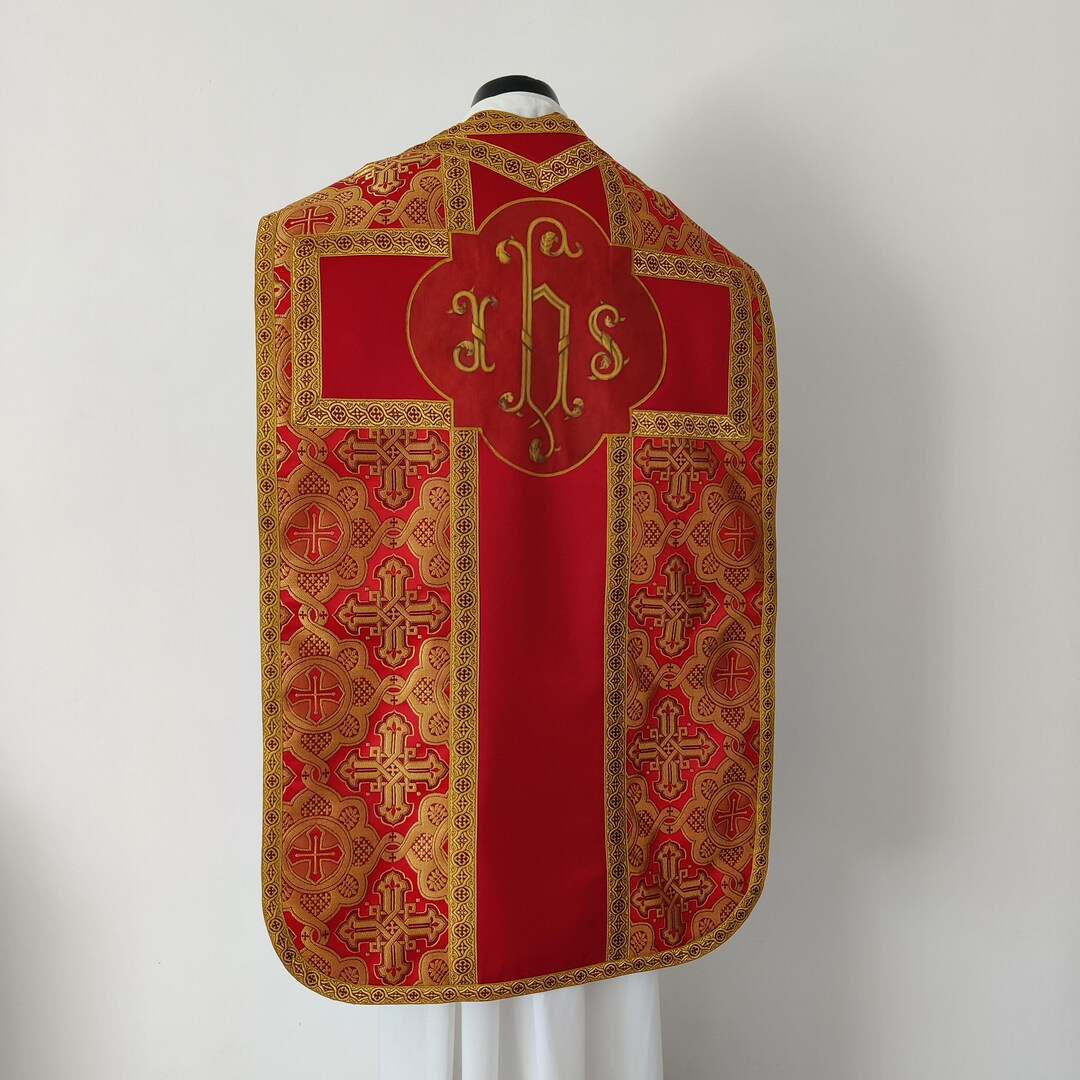 Traditional Roman Chasuble Set - Red Liturgical Vestment With Stole ...