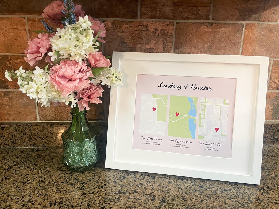 Three Location, Custom Framed Map Print- Anniversary Gift, Engagement ...