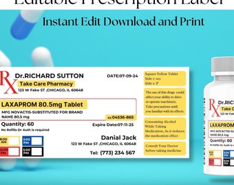 Editable Prescription Label Template Pill Bottle Label RX Label Custom ...