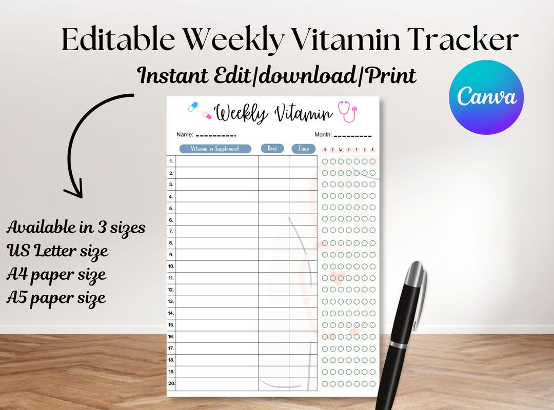 Weekly Vitamin & Supplement Tracker: Editable Health Checklist (digital ...
